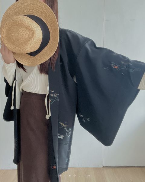 日本製和風山水印花黑色古著羽織和服外套-H270 – REreburn ｜ 日系女裝＆古著選物