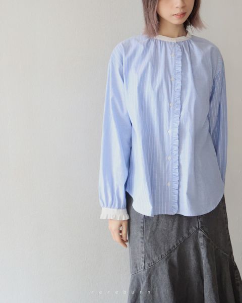 春夏日系寬鬆剪裁條紋棉薄款長袖襯衫3色-藍色 – REreburn ｜ 日系女裝＆古著選物