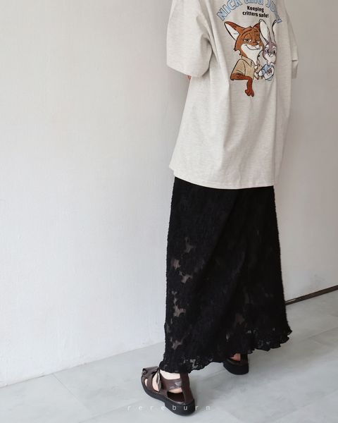 【預購】夏日系大人感花朵蕾絲木耳邊下擺自留款鬆緊腰薄長裙3色-黑 – REreburn ｜ 日系女裝＆古著選物