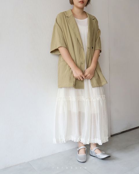 夏日系簡約大人感寬鬆涼感短袖休閒西裝外套4色-橄欖黃 – REreburn ｜ 日系女裝＆古著選物