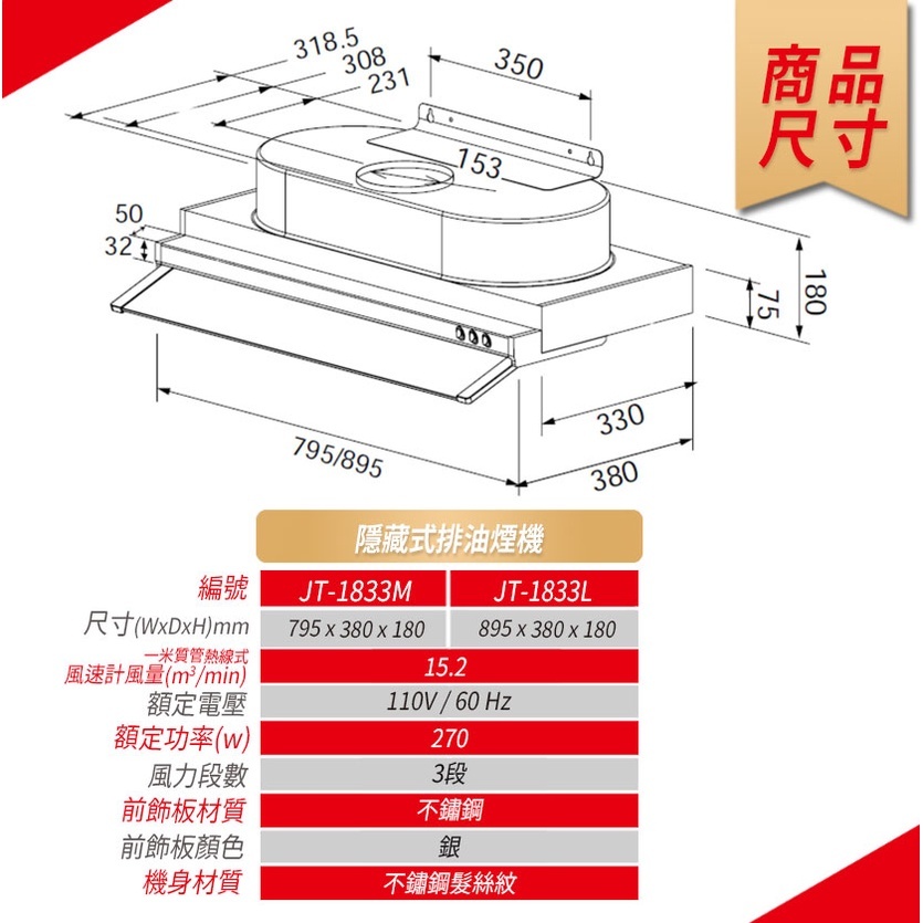 🔥現貨刷卡免息🔥 JTL喜特麗 JT-1833 M/L 隱藏式排油煙機 雙渦輪增壓 吸力強大不漏吸 抽油煙機 除油煙機 – 好室居家