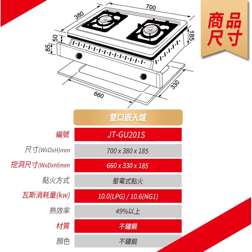 🔥現貨分期免息🔥JTL喜特麗 JT-GU201S 雙口嵌入爐 台爐 銅爐頭 清潔保養最便利 瓦斯爐 桶裝瓦斯 – 好室居家