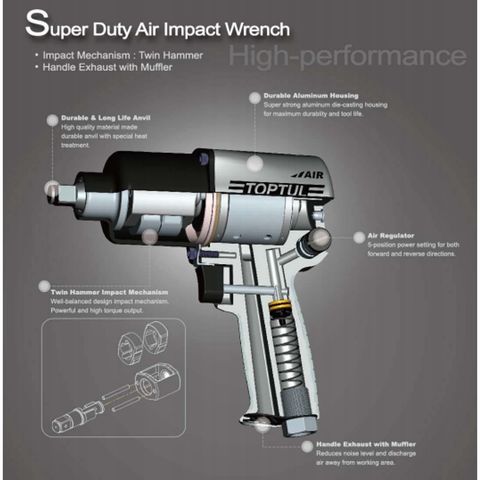 TOPTUL 1/2" DR. Super Duty Air Impact Wrench - Max. Torque 600 Ft-Lb ...